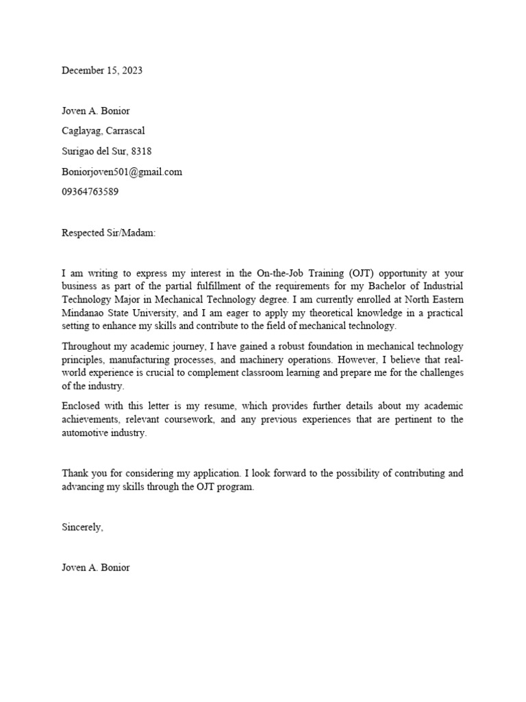 OJT Application for Mechanical Technology | PDF