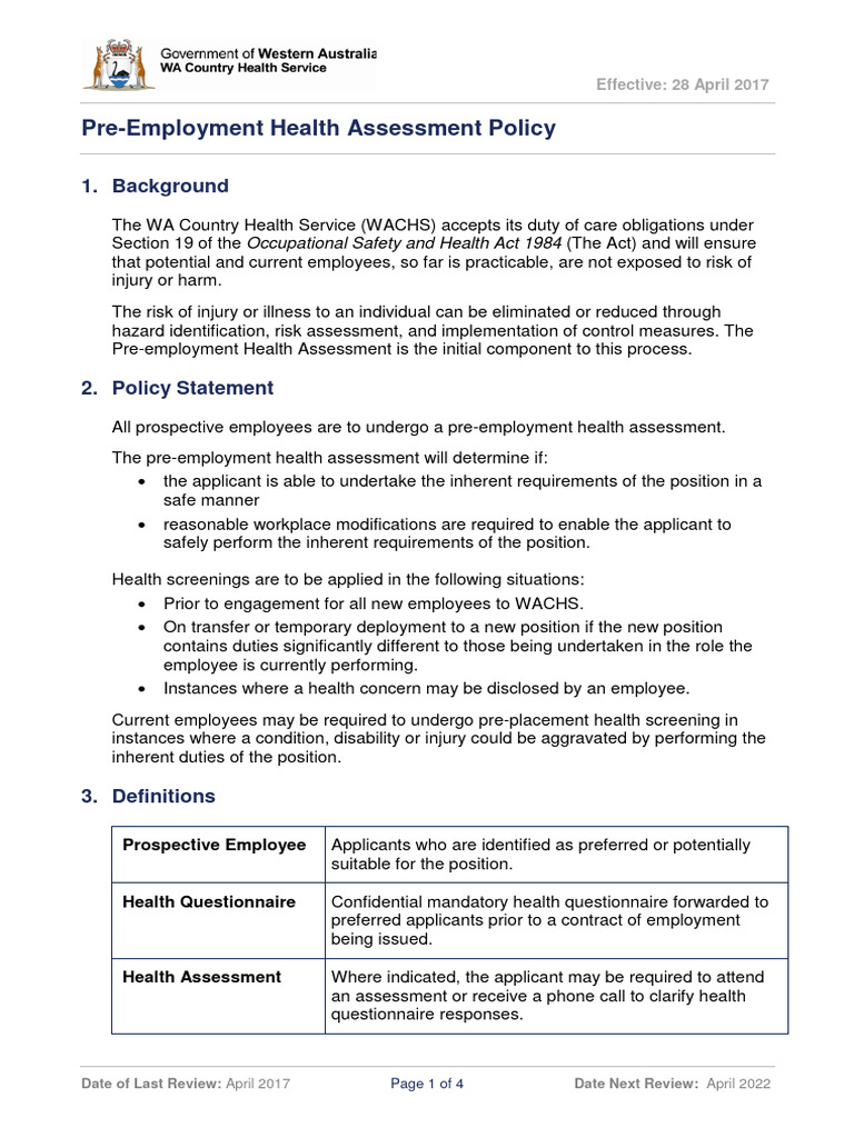 Pre-Employment Health Assessment Policy | PDF | Employment | Risk