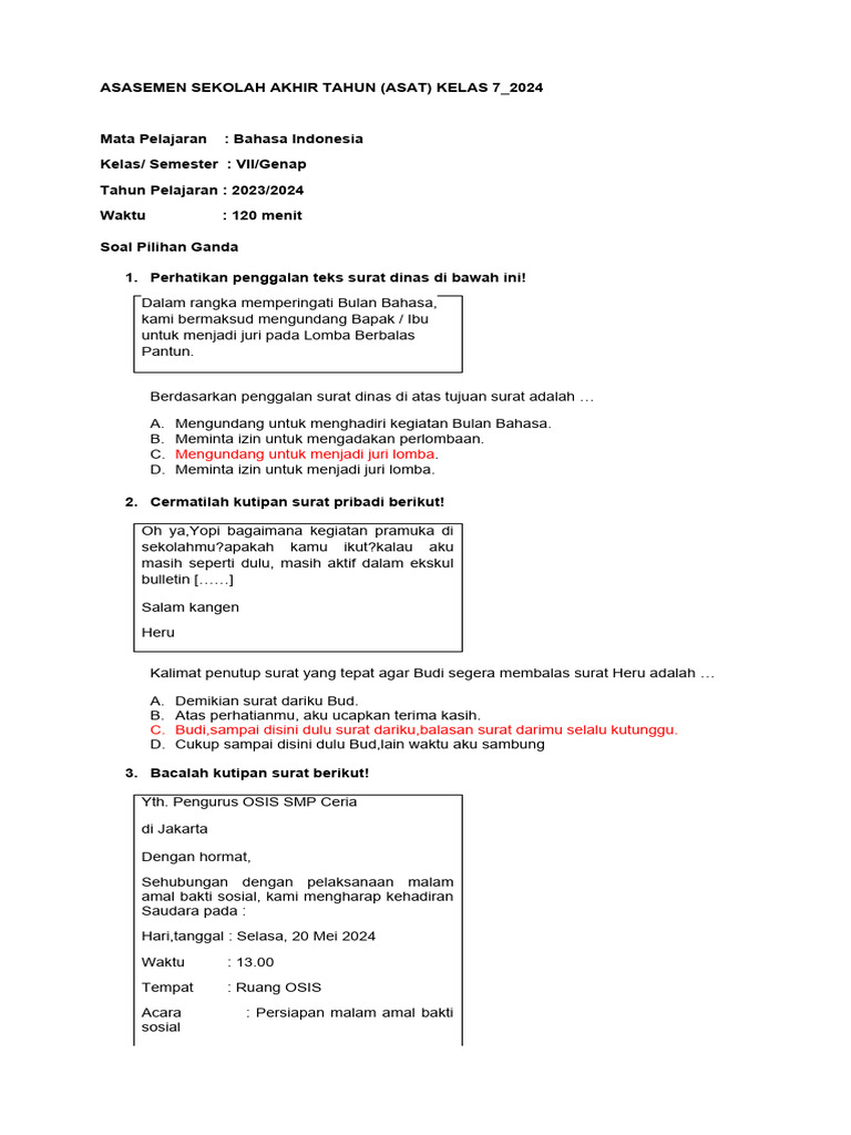 Soal Asat Kls 7 Sem 2 2023-2024 2 Kolom | PDF