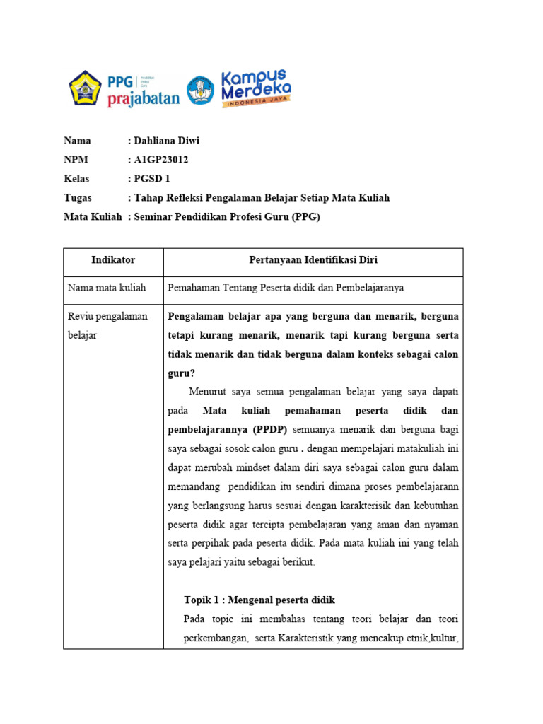 Jurnal Refleksi PPDP - Dahliana Diwi-SPPG | PDF | Karier & Perkembangan