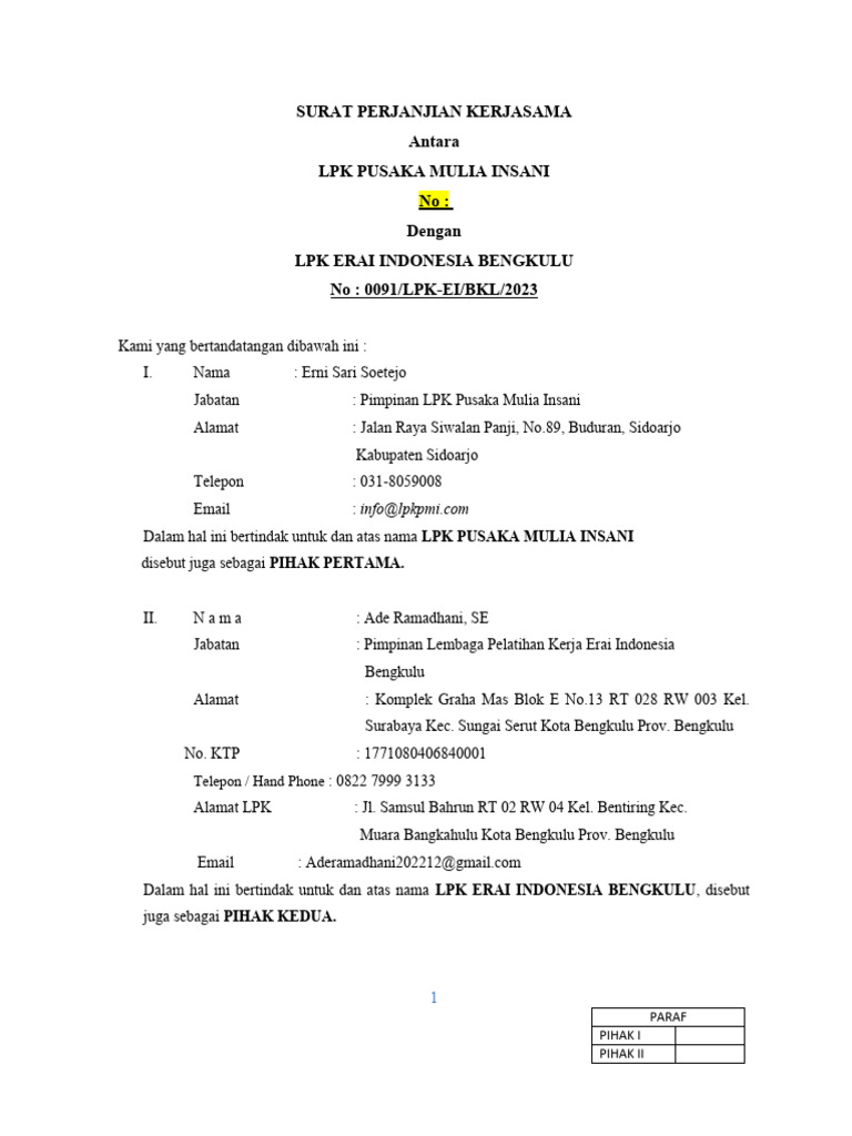 Draft MOU PMI - LPK Kerjasama (FIX) | PDF