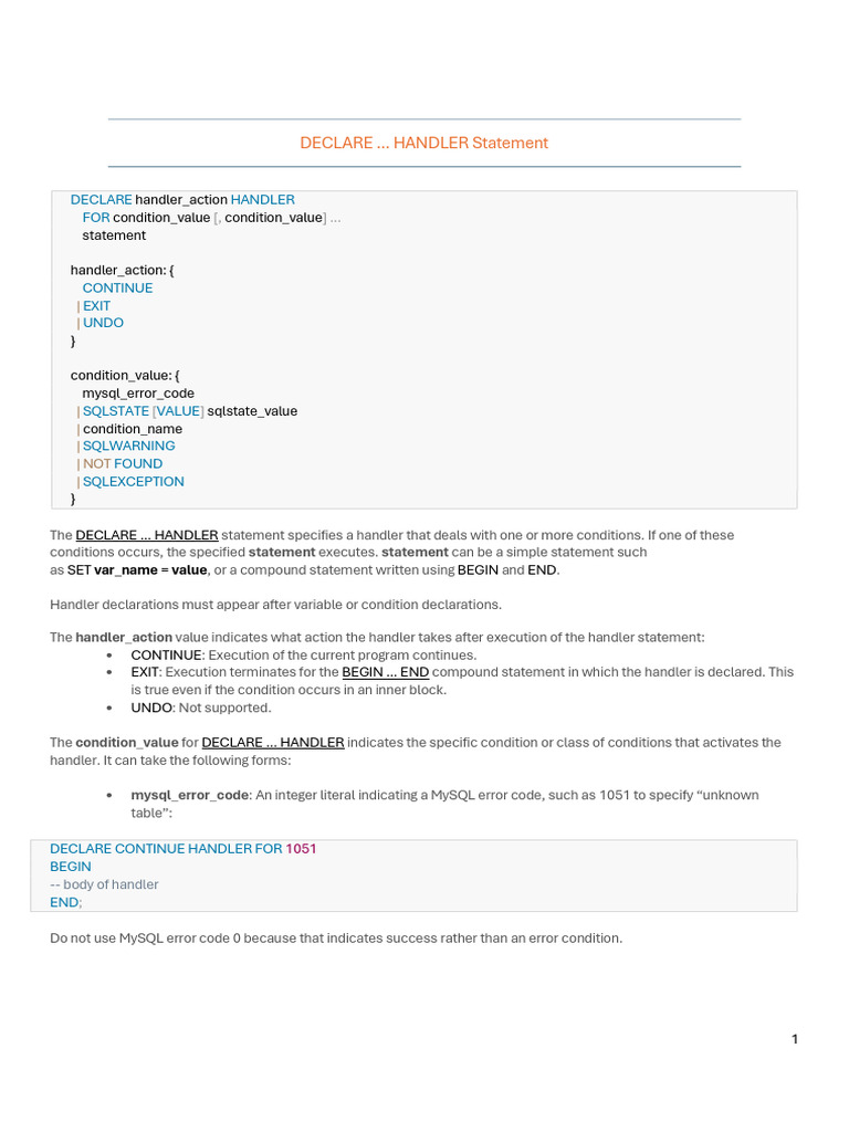 DECLARE ... HANDLER Statement | PDF | Computer Programming | Computing