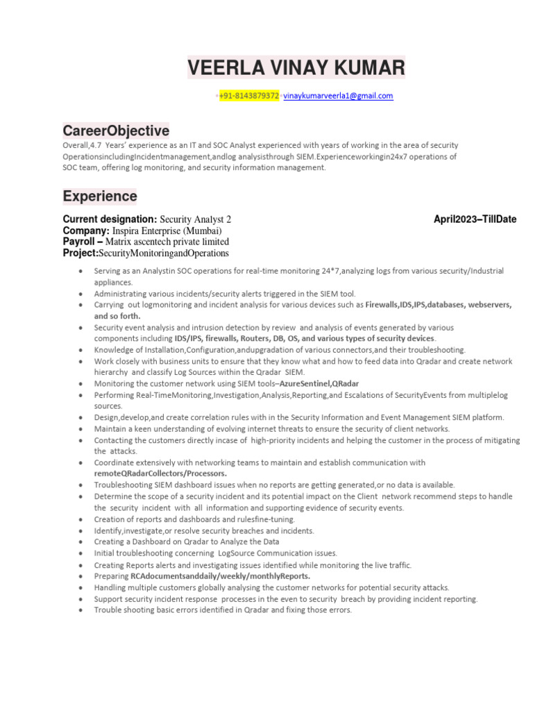 Vinay Kumar Resume | PDF | Security | Computer Security