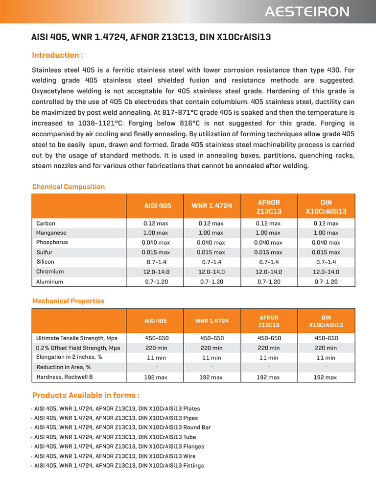 AISI 405 Stainless Steel Overview | PDF | Stainless Steel | Heat Treating