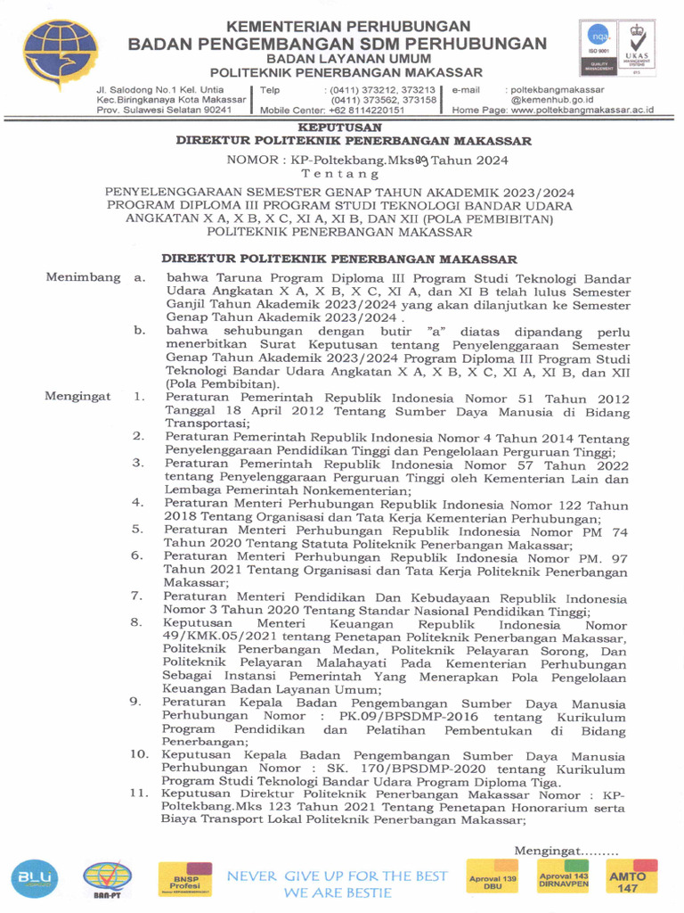 Rev - TBU POLBIT - SK Penyelenggaraan Semester Genap 2024 | PDF