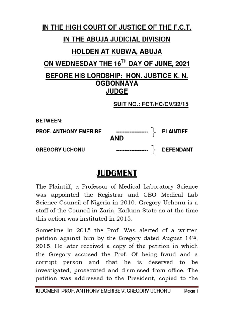 Prof - Anthony Emeribe V.S Gregory Uchonu | PDF | Defamation | Lawsuit