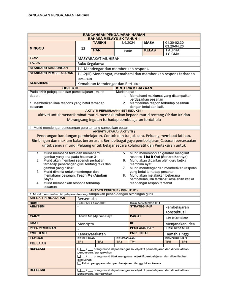 RPH Minggu 12 BM THN 1 by Cikgu Gorgeous | PDF