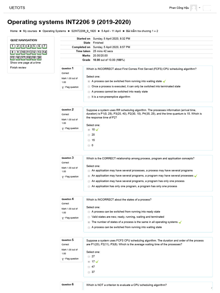Operating Systems Quiz Results | PDF | Scheduling (Computing) | Process ...