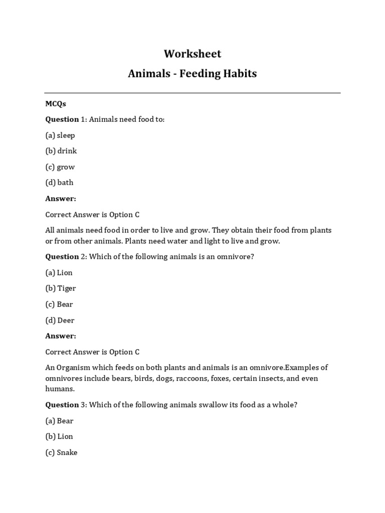 Animal Feeding Habits Worksheet Class 3 | PDF | Foods | Herbivore