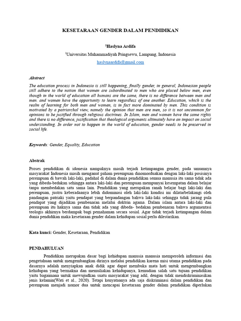 ARTIKEL KESETARAAN GENDER DALAM PENDIDIKAN | PDF