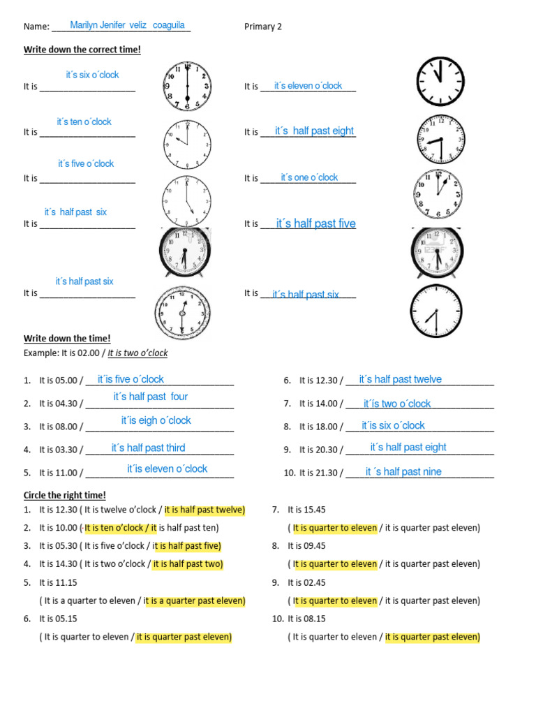 Time Writing Practice for Primary 2 | PDF