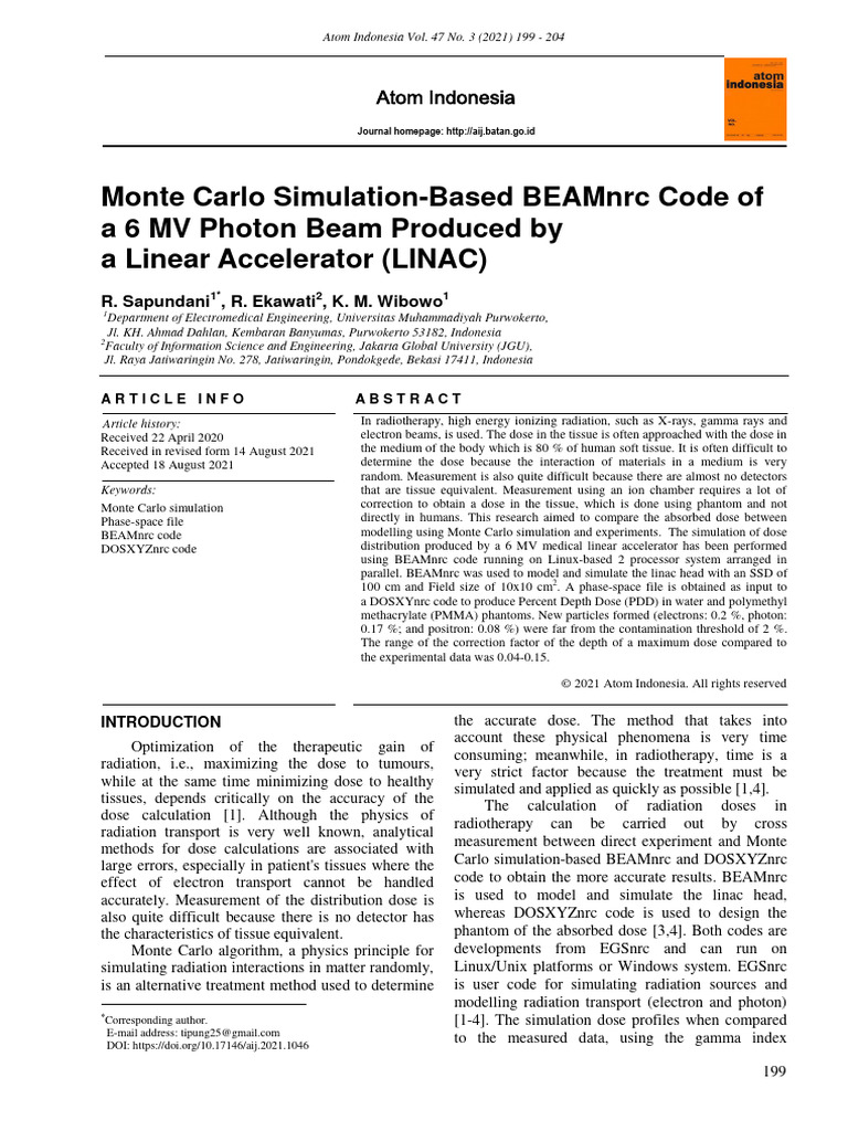 [6] Monte Carlo Simulation-Based BEAMnrc Code of a 6 MV Photon Beam Produced | PDF | Particle ...