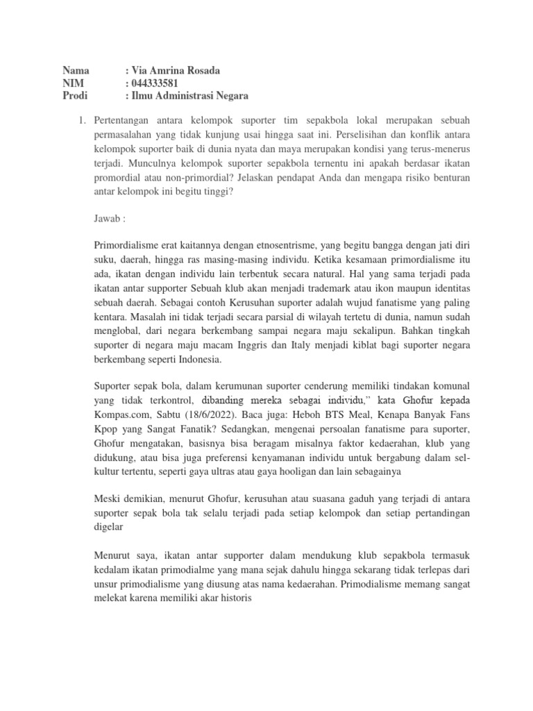 Tugas 2 Sistem Sosial Budaya Indonesia Via Amrina Rosada 044333581 | PDF