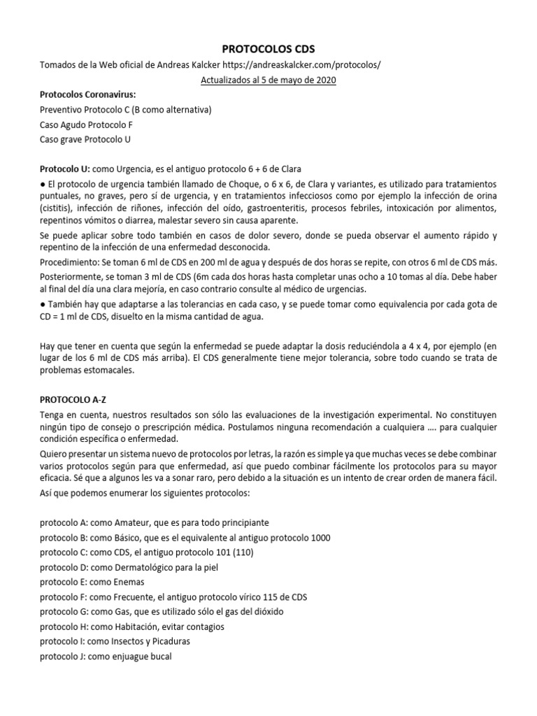 Protocolos CDS - (Dióxido de Cloro) - (Andreas Kalcker) | PDF | Agua | Medicamentos con receta