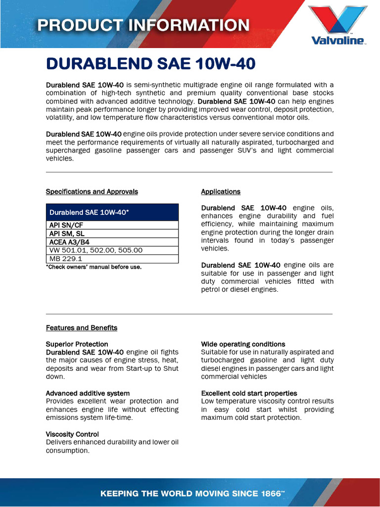 Durablend 10W-40-PI Sheet | PDF | Motor Oil | Mechanical Engineering