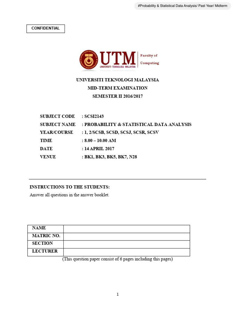 Confidential: Answer All Questions in The Answer Booklet | PDF | Standard Deviation ...