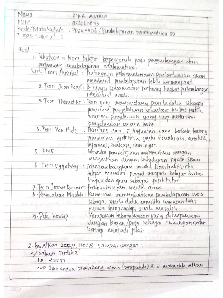 Tt1 Pembelajaran MTK SD Rika Astria (856262893) | PDF