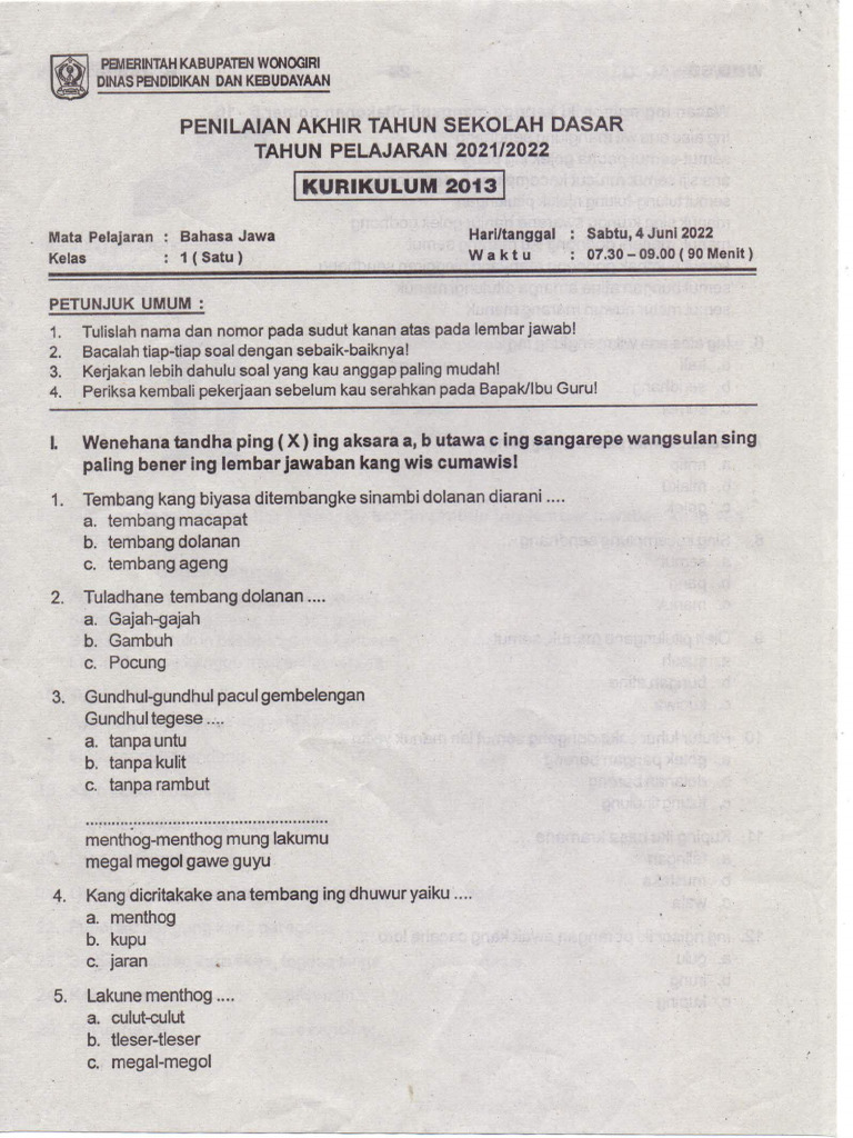 PAT - TP 2021-2022 - KLS.1 - BAHASA JAWA | PDF