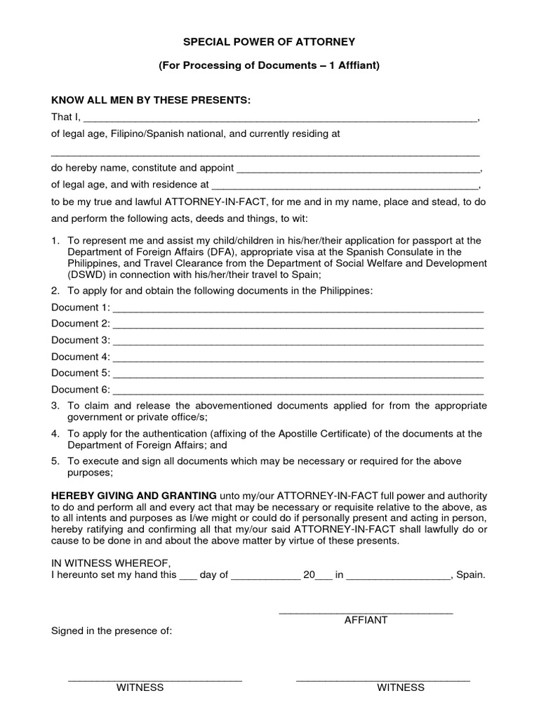 SPoA - Document Processing - 1 Affiant | PDF | Power Of Attorney ...