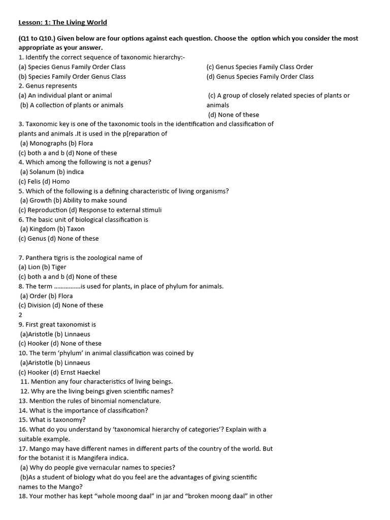 CH 1 Class 11 Assignment | PDF | Taxonomy (Biology) | Species