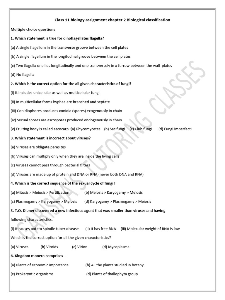Class 11 Biology Assignment Chapter 2 Biological Classification | PDF ...