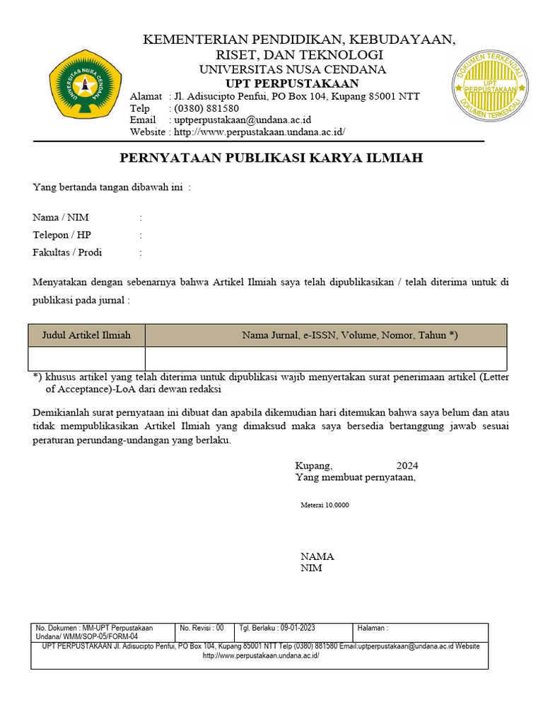 Pernyatan Publikasi Karya Ilmiah Terkendali | PDF