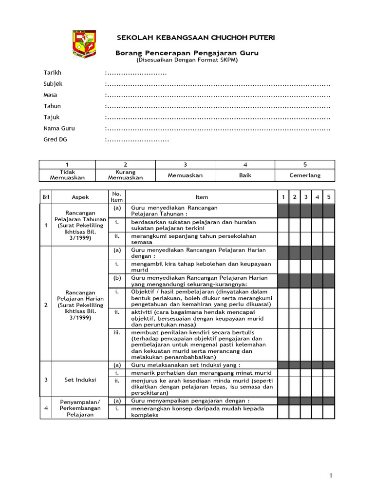 Borang Pencerapan Pengajaran Guru Format SKPM | PDF