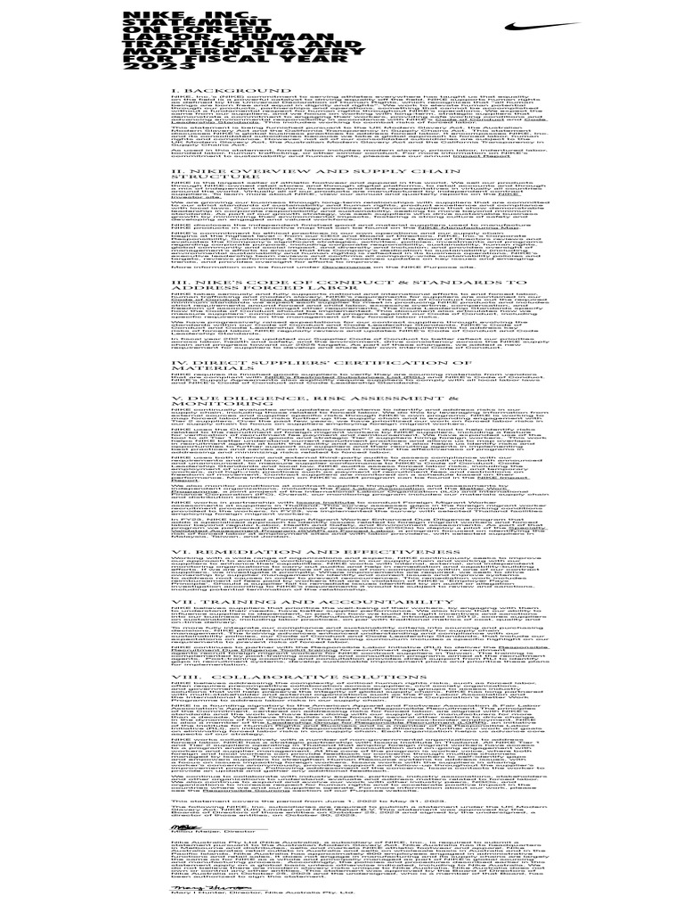 NIKE Inc Statement Forced Labor Human Trafficking Modern Slavery FY23 ...