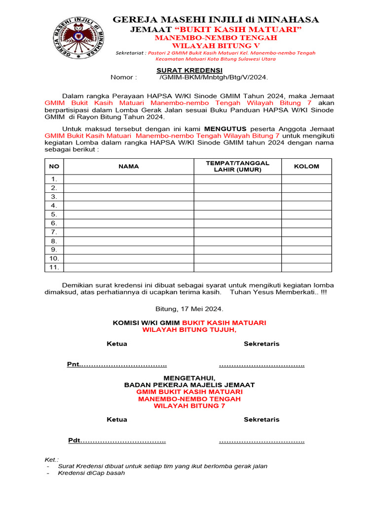 Kredensi Lomba Gerak Jalan GMIM 2024 | PDF