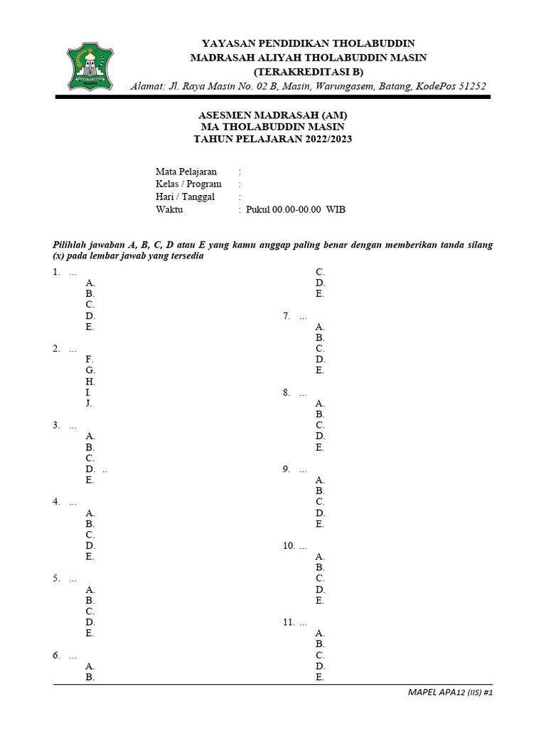 Master Soal Am - Mapel - Kelas | PDF