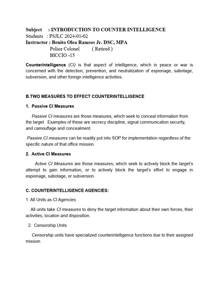 Intro To Counter Intel Pop Sheet | PDF | Counterintelligence | Espionage