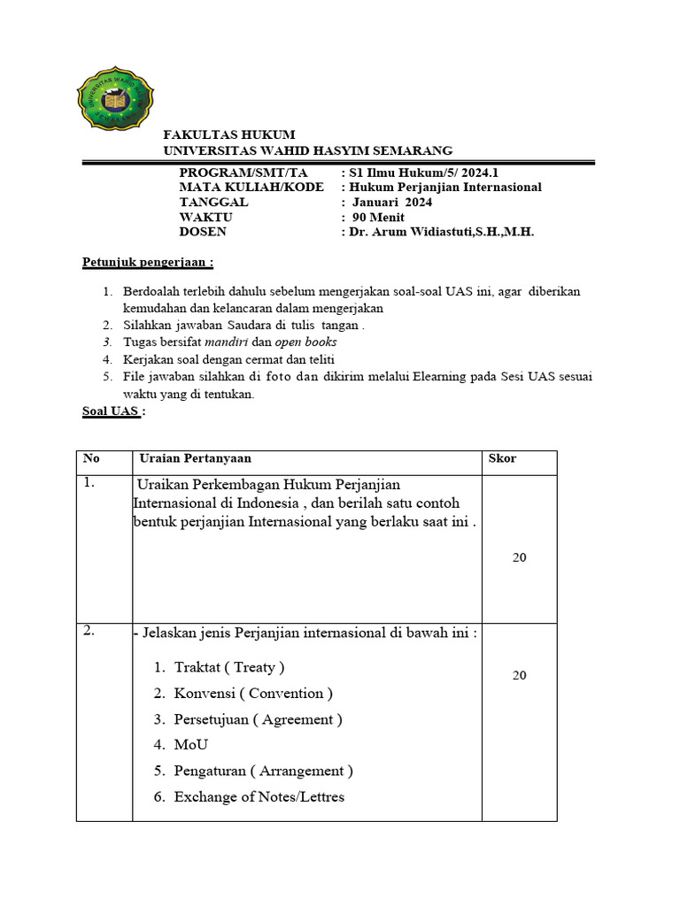 UAS Hukum Perjanjian Internasional 2024 | PDF