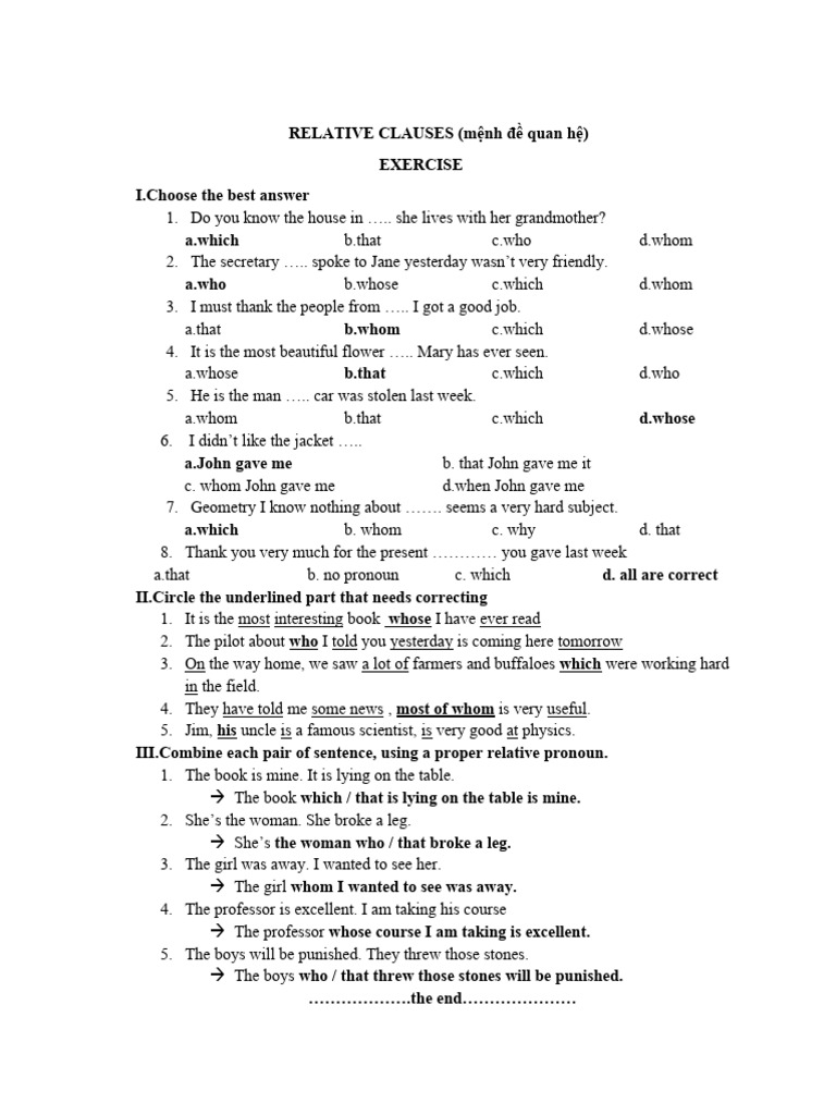 Relative Clauses Exercise Guide | PDF
