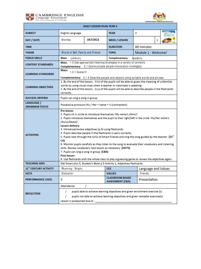 RPH Bi Year 3 V2 (LP1-L16) Module 1 | PDF | Lesson Plan | Educational ...