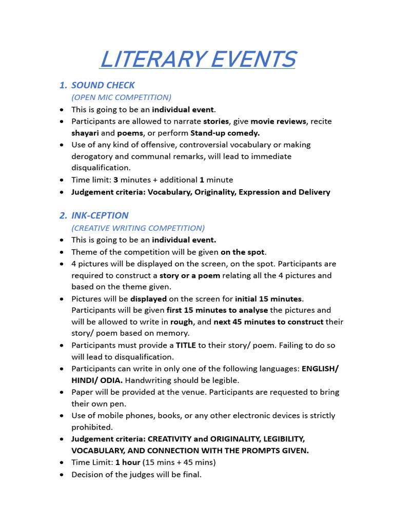 LITERARY EVENTS Rules | PDF | Question | Poetry