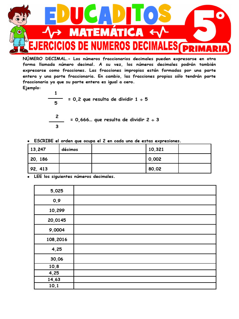 Hojas De Trabajo De Decimales Para Estudiantes De Cuarto Grado