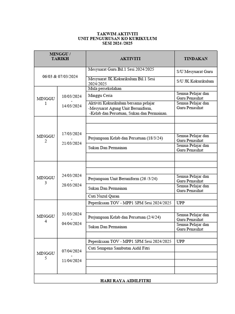 Takwim Kokurikulum Smaasza Sesi 2024 2025 | PDF