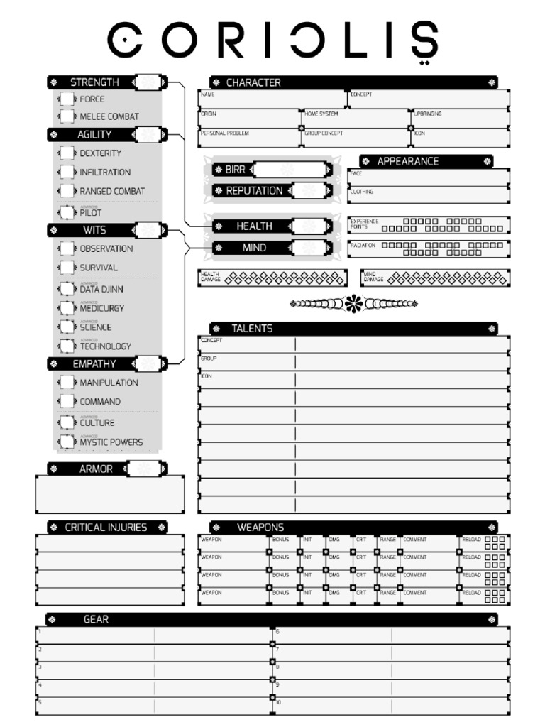 Coriolis RPG Character Sheet Alt | PDF