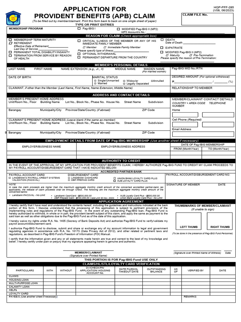 Application for Provident Benefits Claim | PDF
