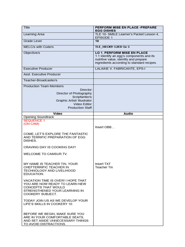 TLE-HE-Cookery-10 - Q1 - L1 - TVBI-Script-1ST FINAL - 1 | PDF | Egg ...