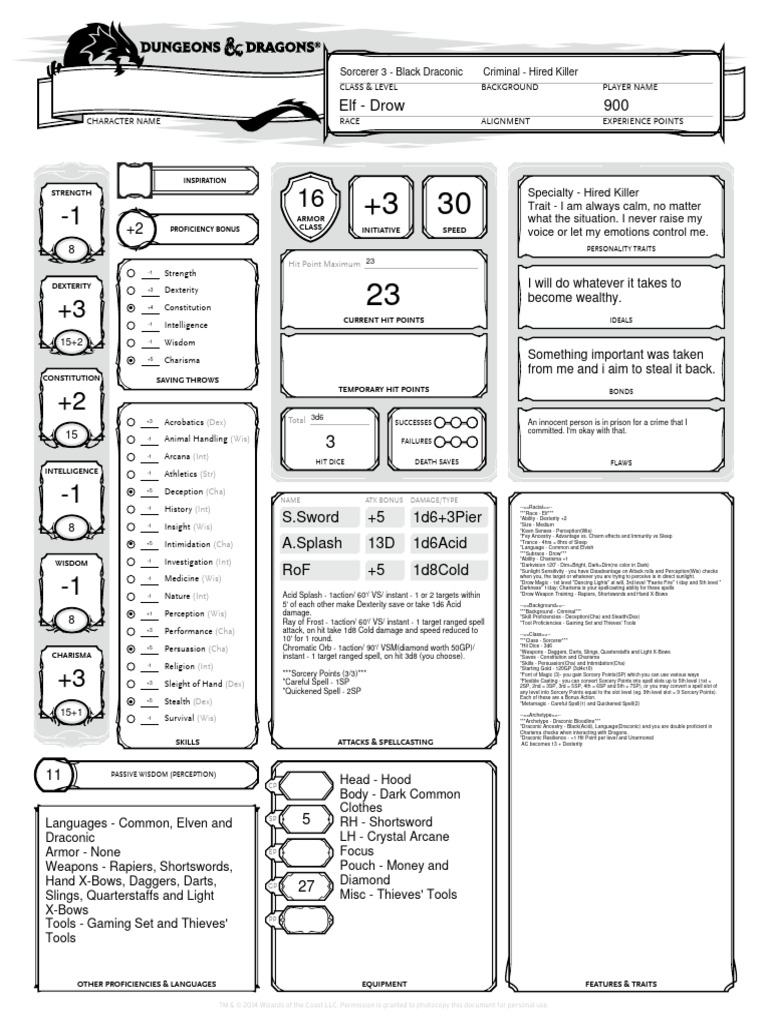 Drow - Black Draconic Sorcerer 3 | PDF | Gary Gygax Games | Dungeons & Dragons