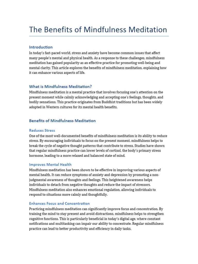 Benefits of Mindfulness Meditation | PDF | Mindfulness | Meditation