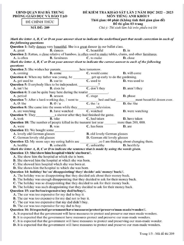 ĐỀ KSCL quận HBT | PDF