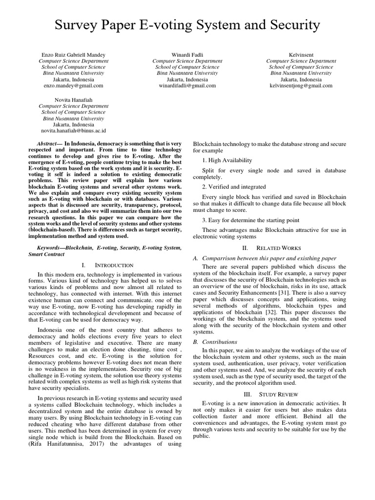 Survey Paper E-Voting System and Security | PDF | Electronic Voting | Computer Security