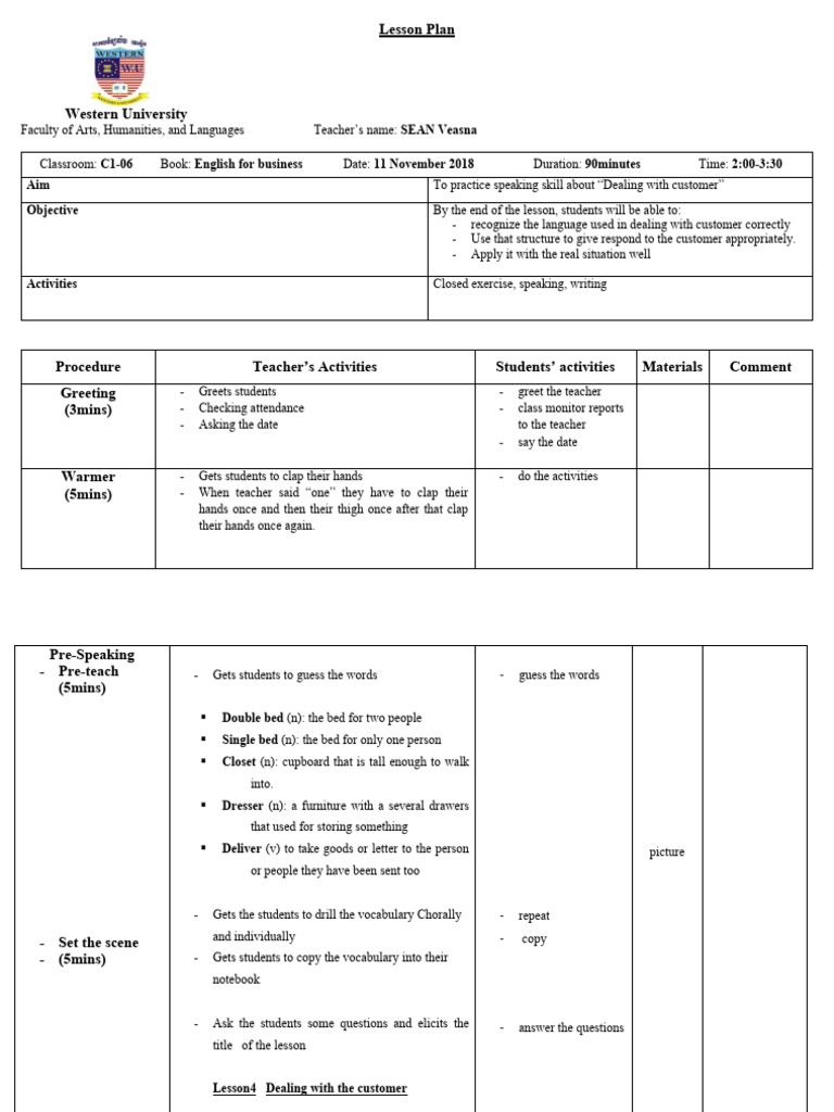 Lesson Plan Speaking 1 | PDF | Behavior Modification | Cognition