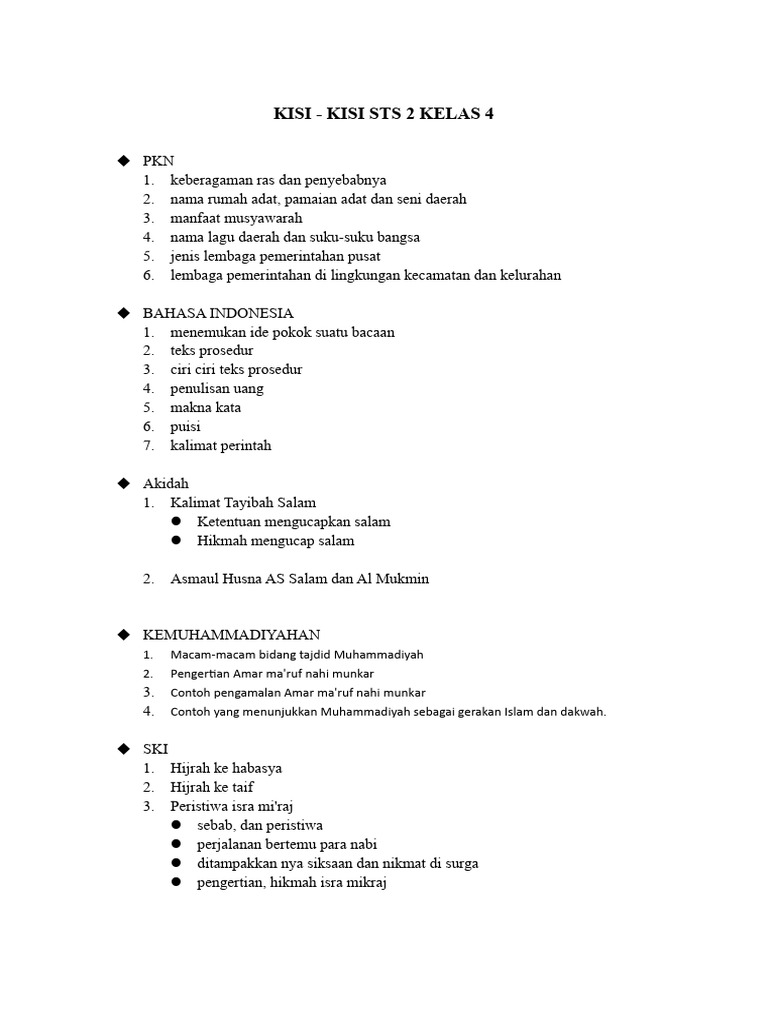 Kisi-Kisi STS Kelas 4 Semester 2 | PDF