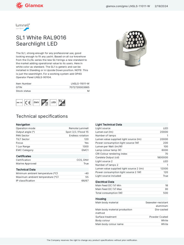SL1 White RAL9016 Searchlight LED | PDF | Light | Lighting