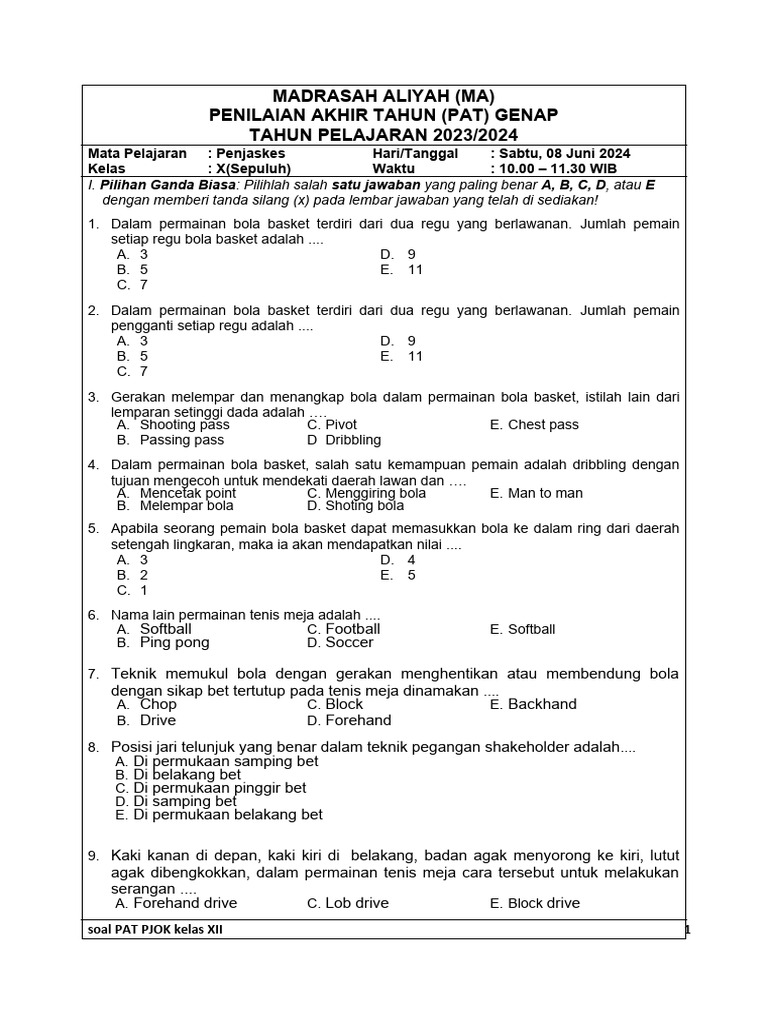 Soal Kelas 10 Pat Genap Pjok 23-24 | PDF
