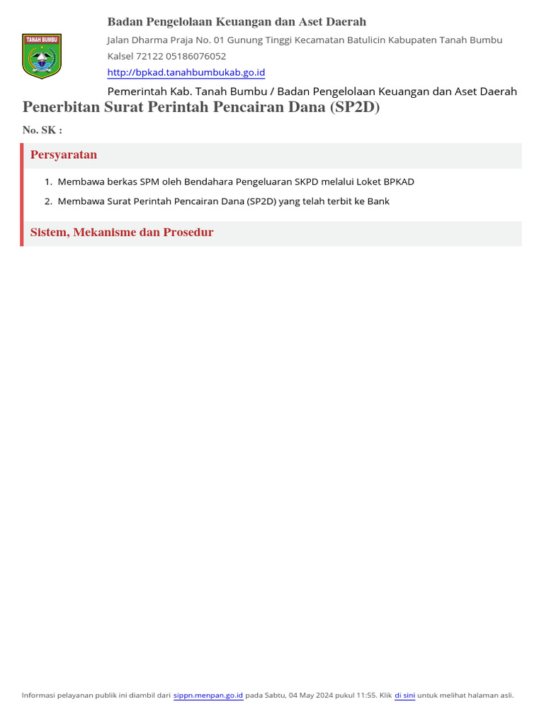 Unduh Standar Pelayanan - Penerbitan Surat Perintah Pencairan Dana (SP2D) | PDF