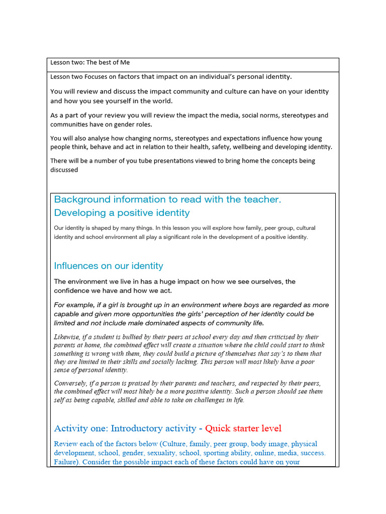 (Template) Lesson 2 | PDF | Identity (Social Science) | Adolescence